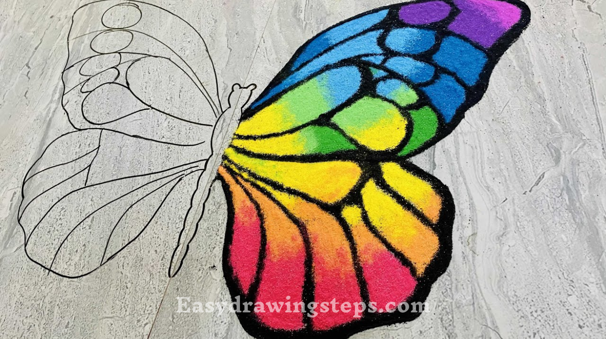 10 easy steps to draw Butterfly Rangoli - Easy Drawing