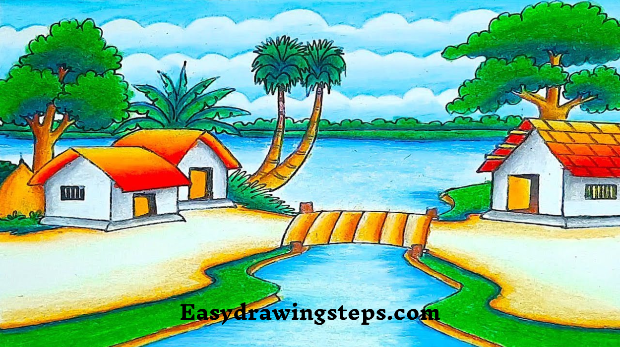 10 easy steps to draw Beautiful Village Scenery Drawing - Easy Drawing