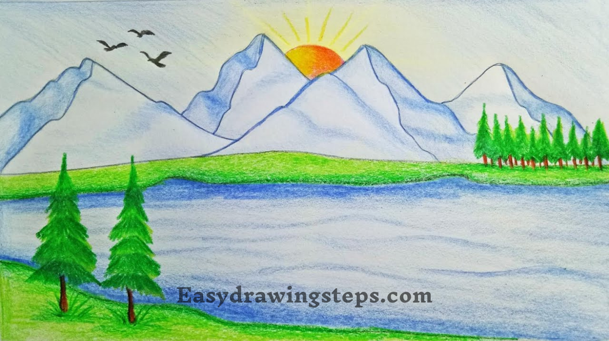 10 easy steps to draw Natural Scenery Drawing - Easy Drawing