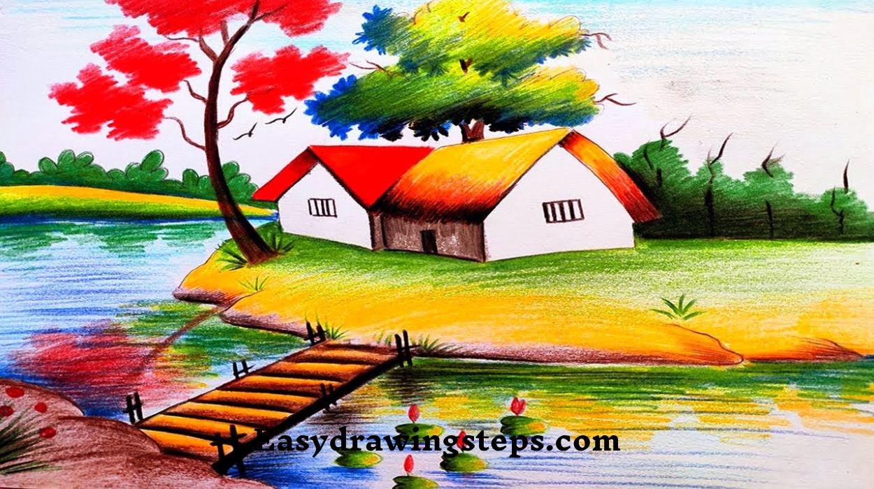 10 easy steps to draw Natural Scenery Drawing - Easy Drawing