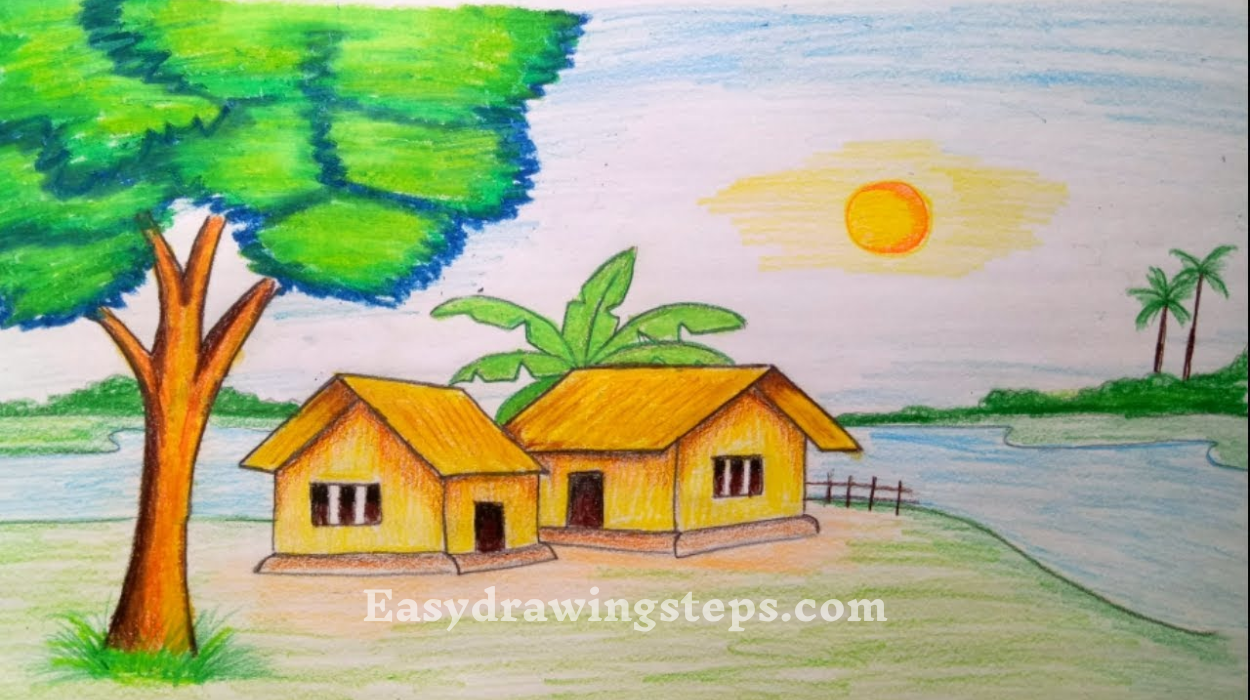 10 easy steps to draw Nature Scenery Drawing - Easy Drawing
