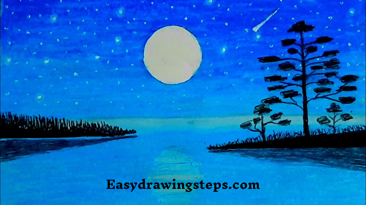 10 easy steps to draw Night Scenery Drawing - Easy Drawing