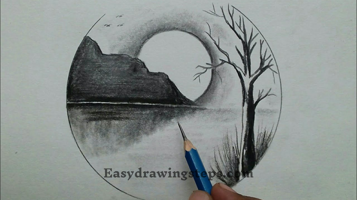10 easy steps to draw Pencil Nature Scenery Drawing - Easy Drawing