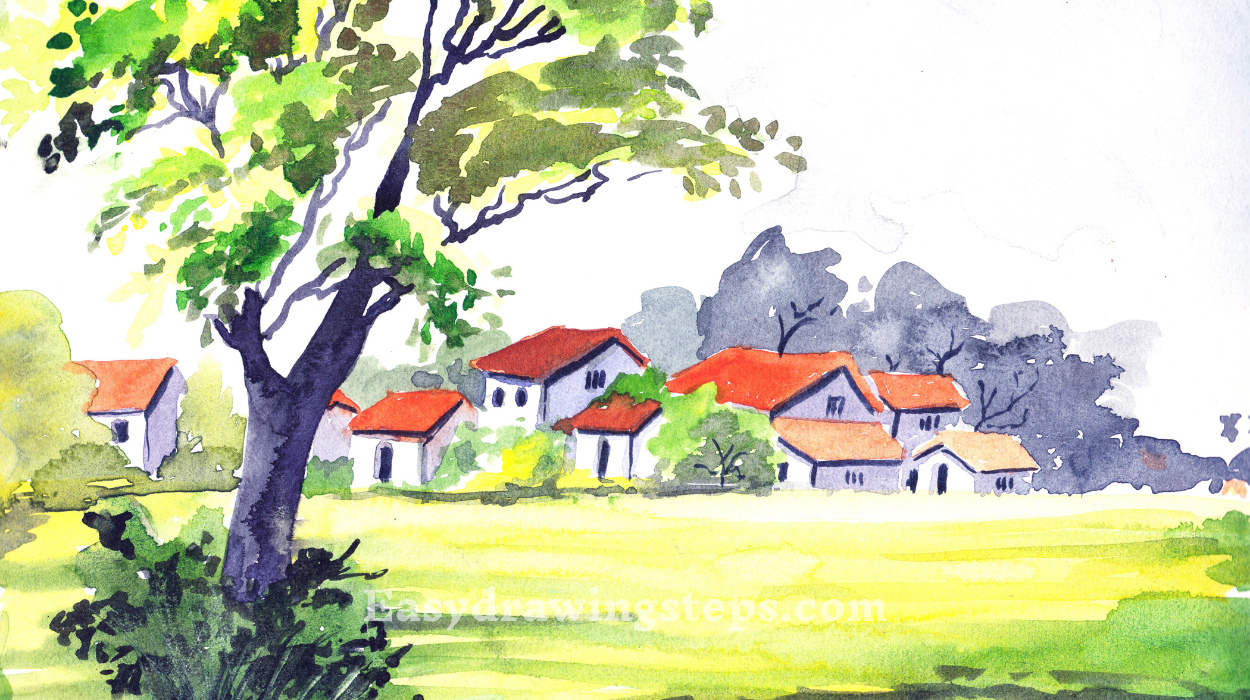 10 easy steps to draw Village Scenery Drawing - Easy Drawing