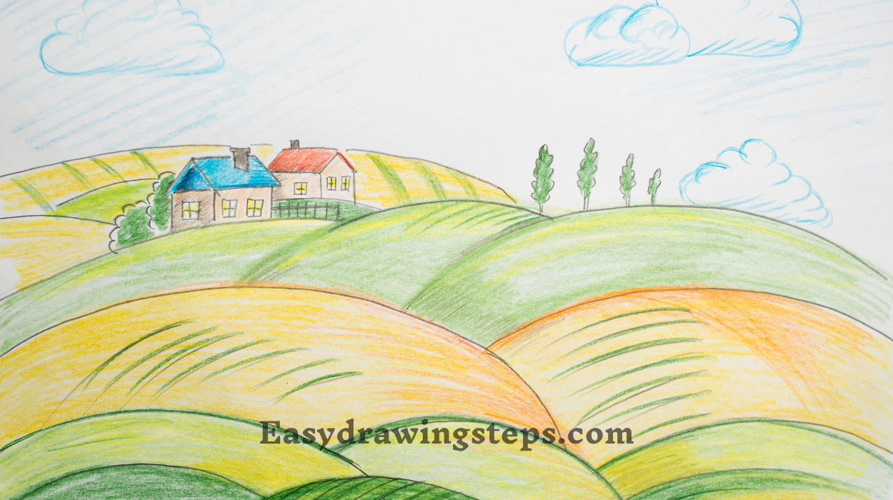 10 easy steps to draw Village Scenery Drawing - Easy Drawing