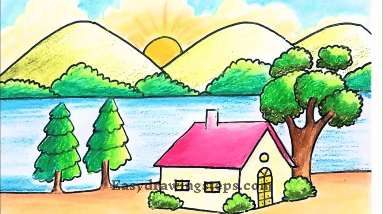 10 easy steps to draw Scenery Drawing For Kid - Easy Drawing