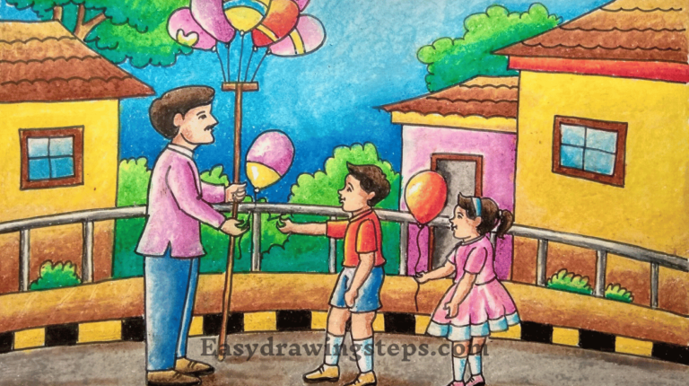 10 Easy Steps to Draw Balloon Seller Drawing - Easy Drawing